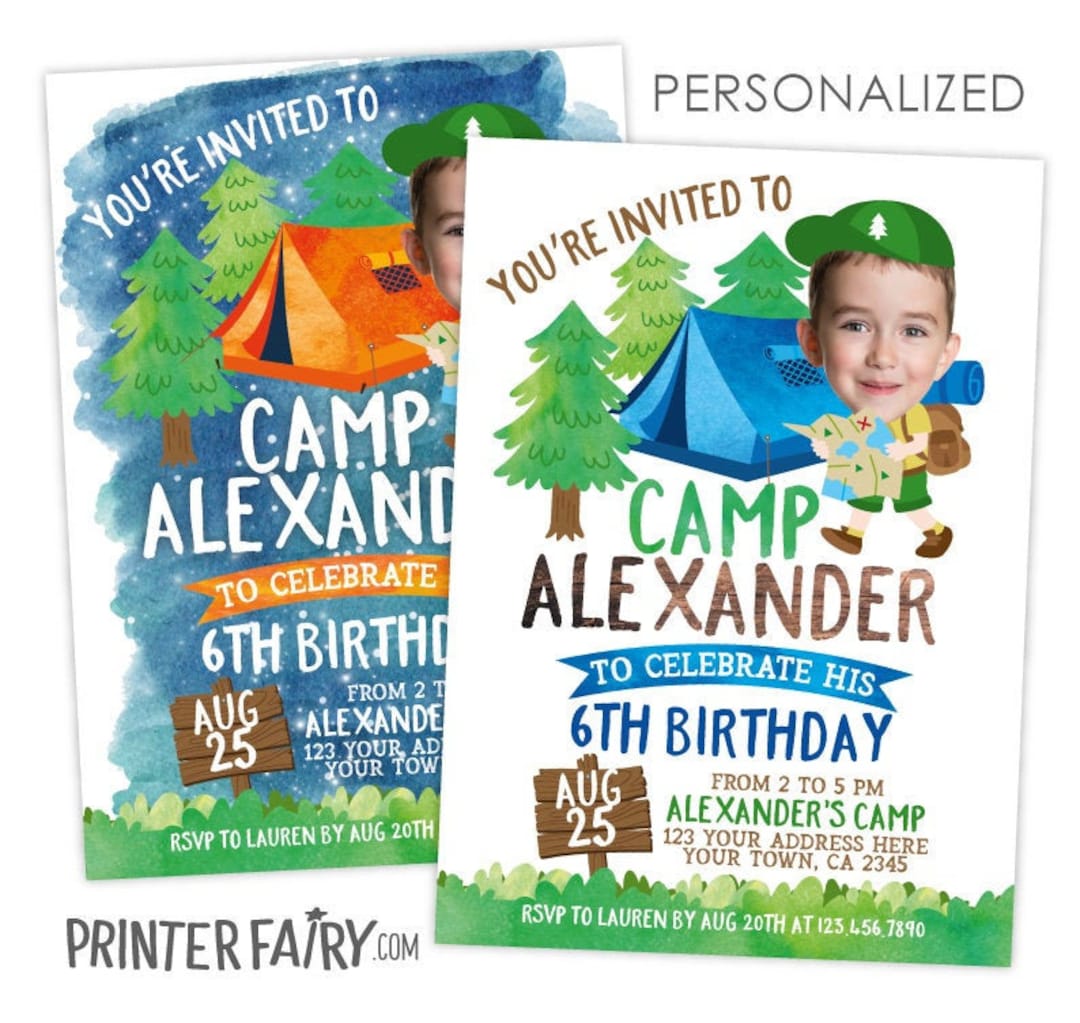 Camping Invitation With Photo, Summer Camp Party, Sleepover Invitation ...