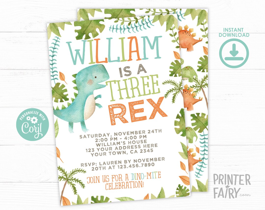Three Rex Invitation EDITABLE Dinosaur Birthday Invitation - Etsy