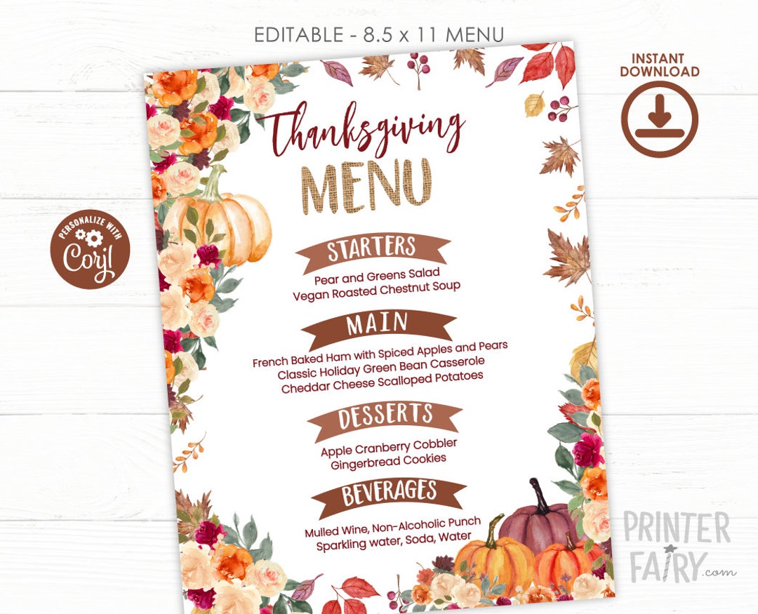 Thanksgiving Menu EDITABLE Thanksgiving Dinner Menu Little - Etsy