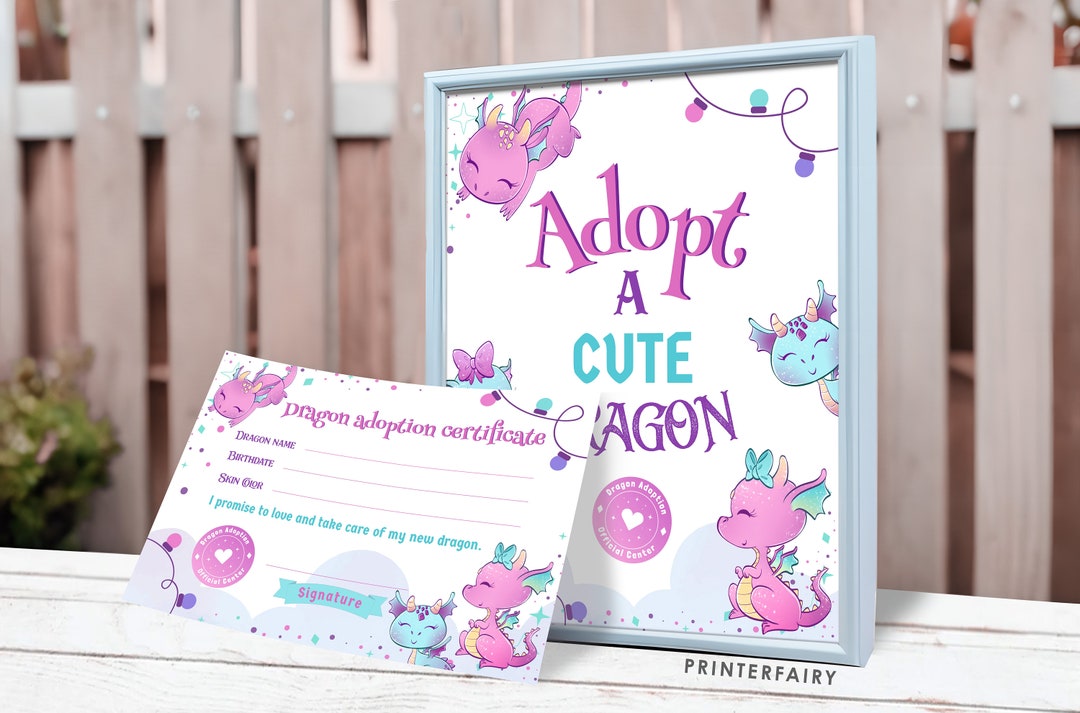 Dragon Adoption Certificate and Sign, Purple Pink Dragon Birthday Party ...