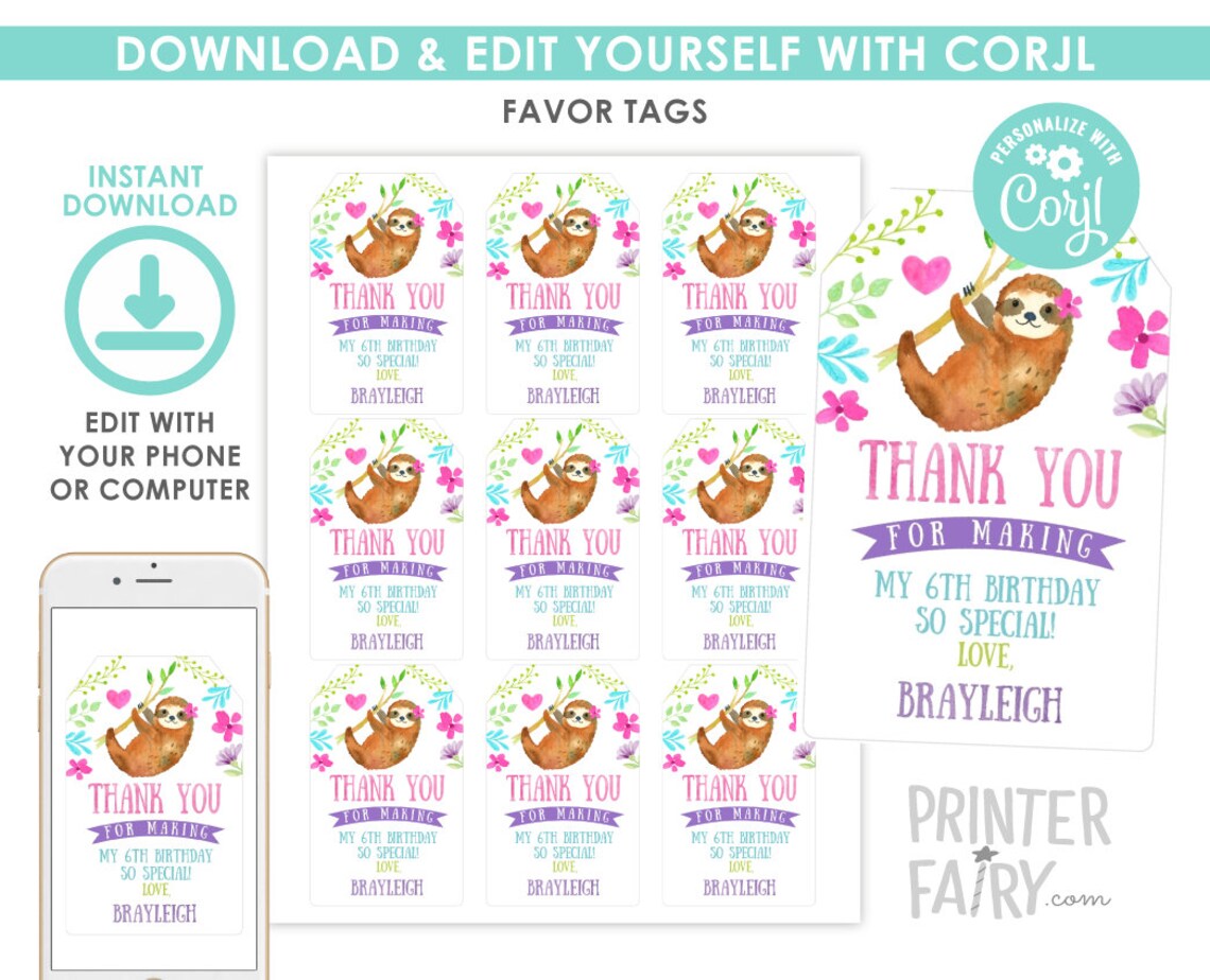 Sloth Favor Tags EDITABLE Sloth Birthday Party Sloth Thank - Etsy