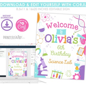 Science Birthday Party Welcome Sign, EDITABLE, Science Theme Party ...