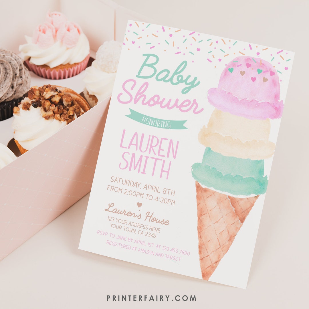 Ice Cream Baby Shower Invitation, Baby Sprinkle Invite, Ice Cream Cone ...
