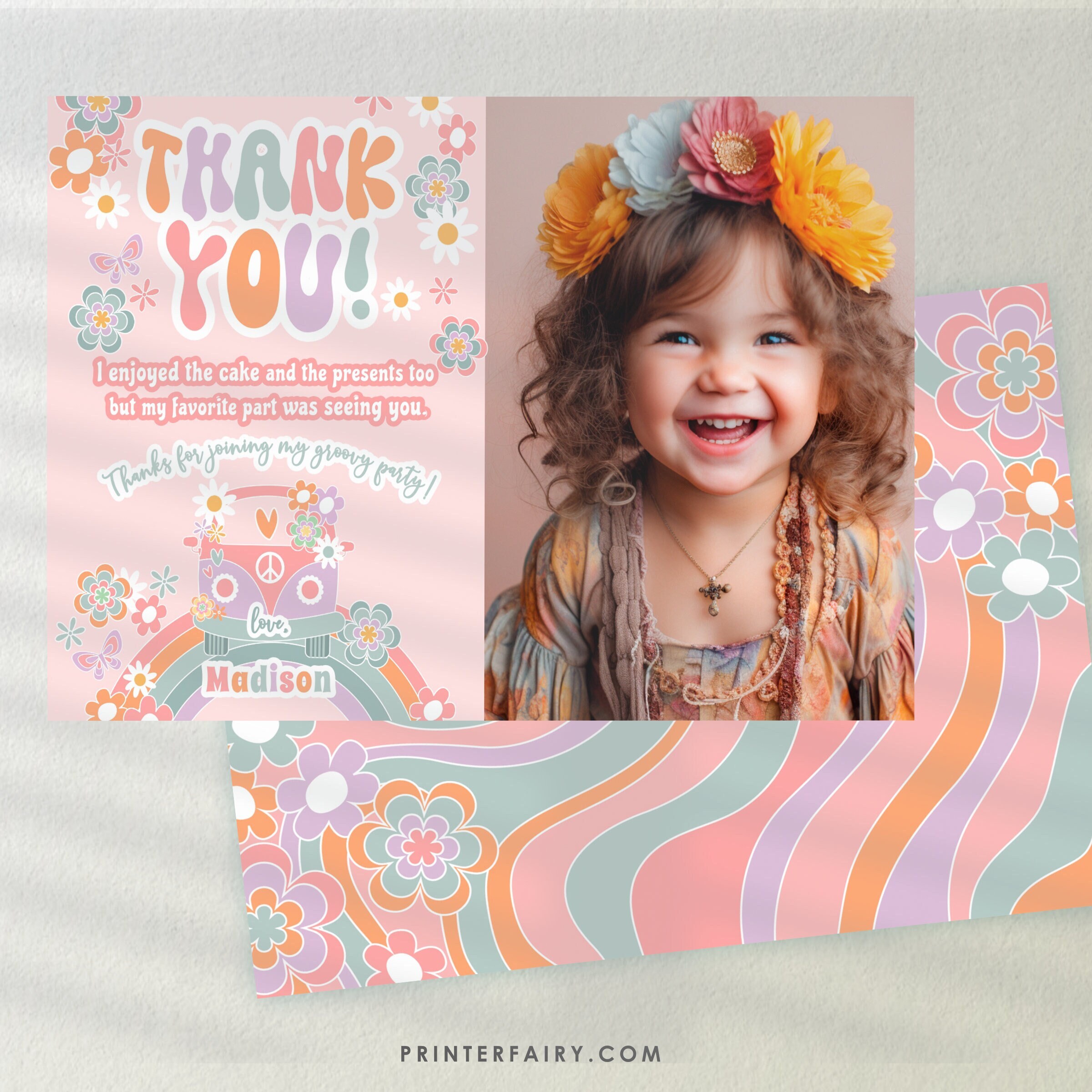 Editable Groovy One Thank You Card With Photo Hippie Party Daisy ...