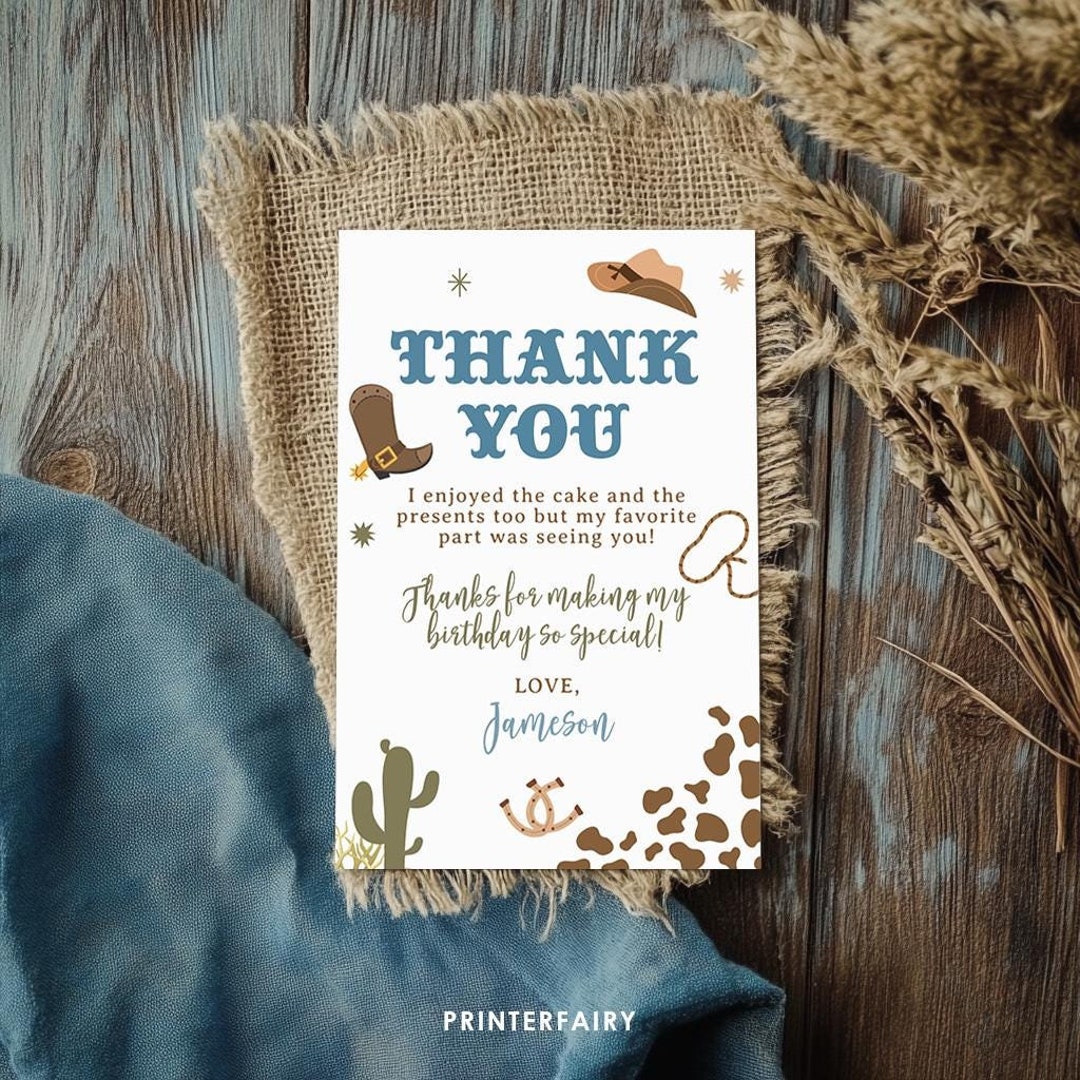 Rodeo Birthday Thank You Card, Cowboy Birthday Party Thank You Card ...