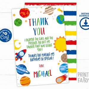 Editable Space Birthday Thank You Card, Outer Space Birthday Party ...