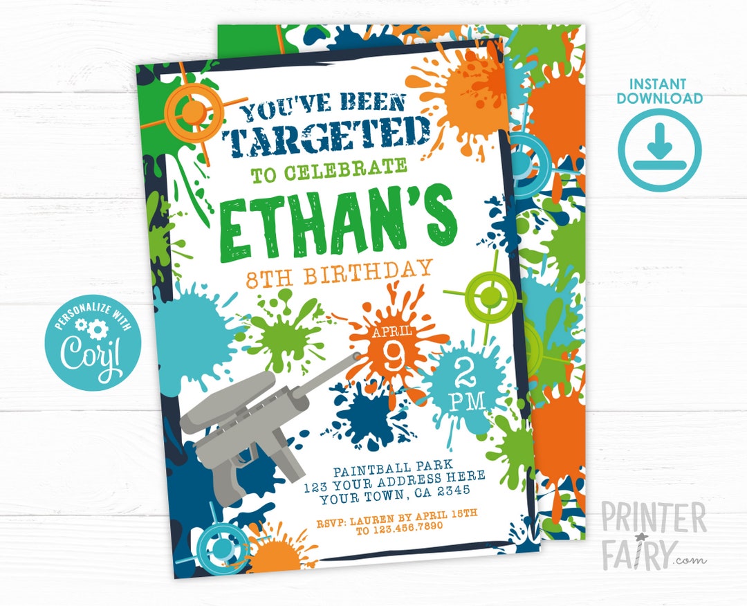 Paintball Birthday Invitation, Paintball Party Invitation, Paintball ...