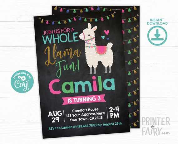 Llama Birthday Invitation, EDITABLE, Llama Birthday Party, Alpaca ...