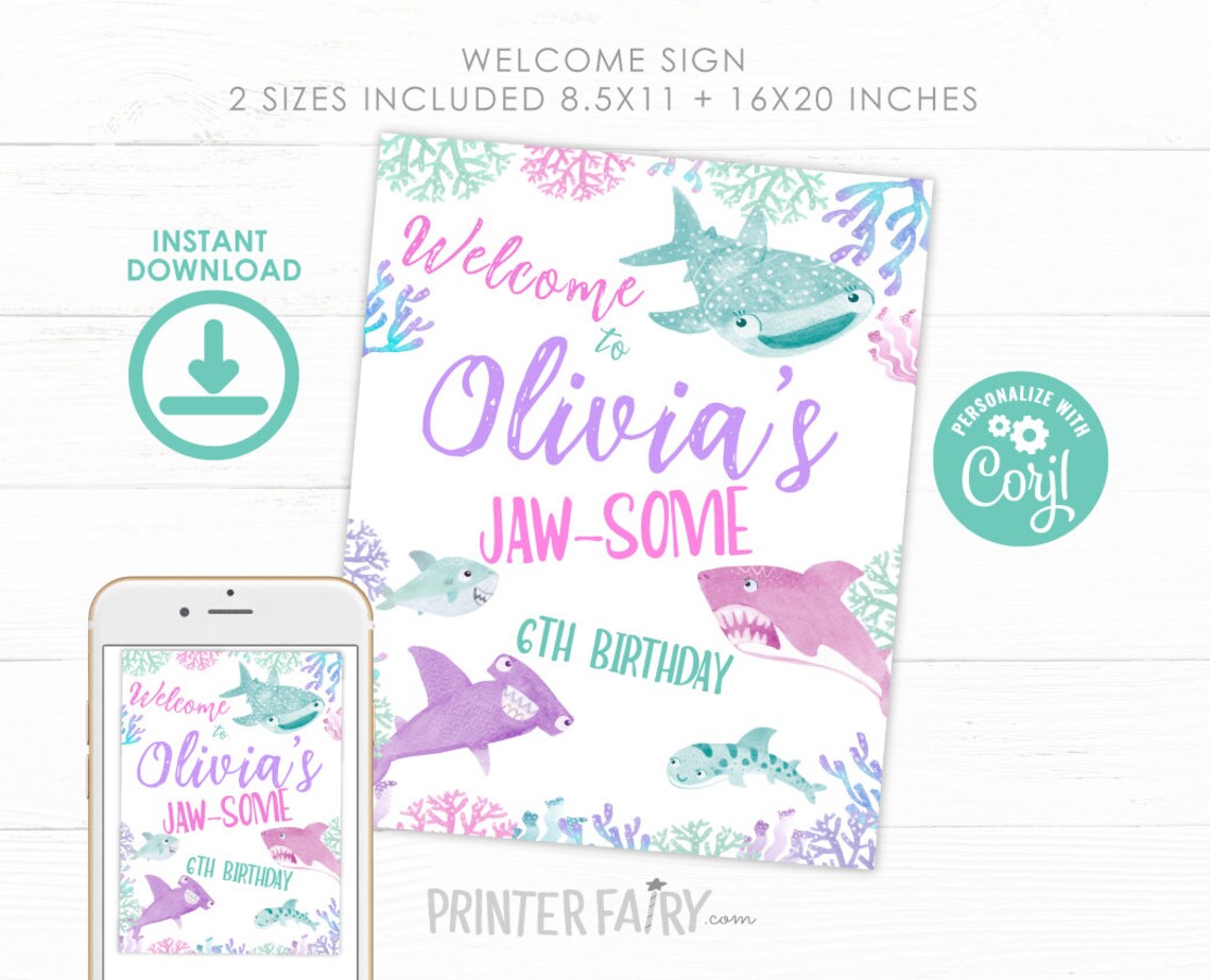 Shark Welcome Sign EDITABLE Shark Girl Birthday Party Under | Etsy