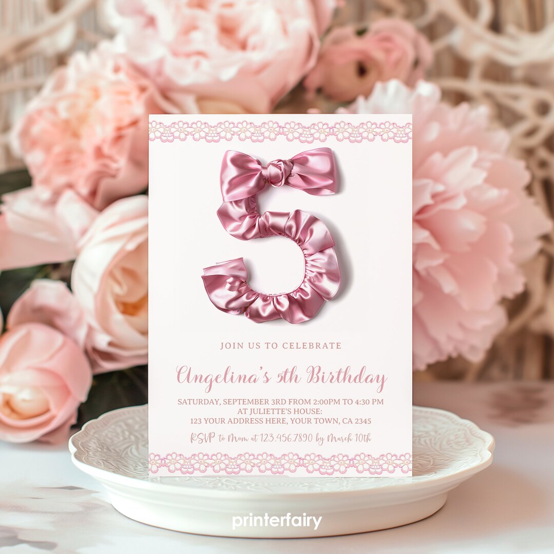 Pink Bow Invitation, 5th Birthday Party, Coquette Theme (instant ...