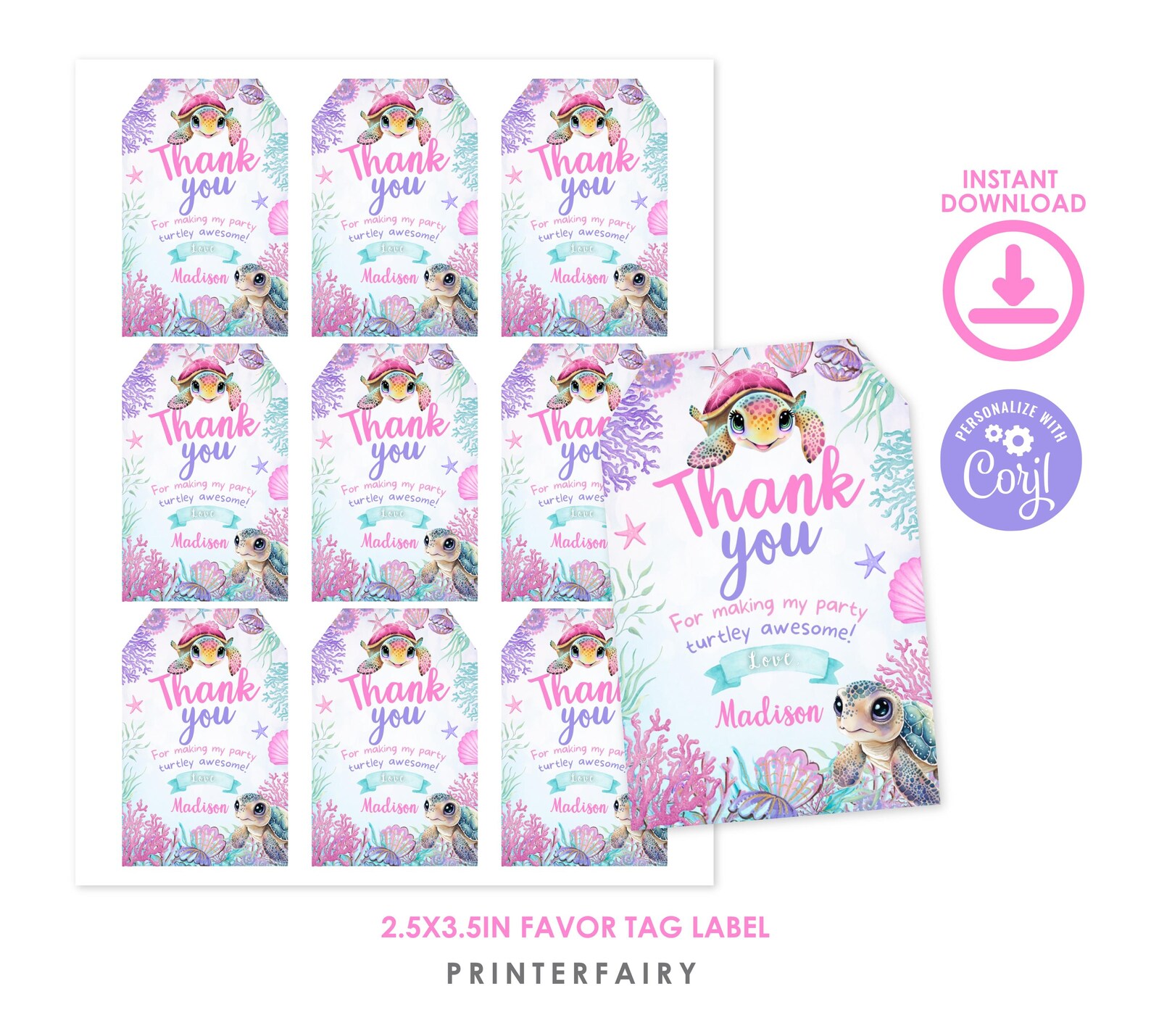 Sea Turtle Party Favor Tags, Editable Template, Turtley Awesome ...