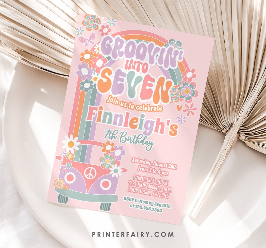 Editable Groovin Into Seven Groovy Invitation 7th Birthday Daisy ...