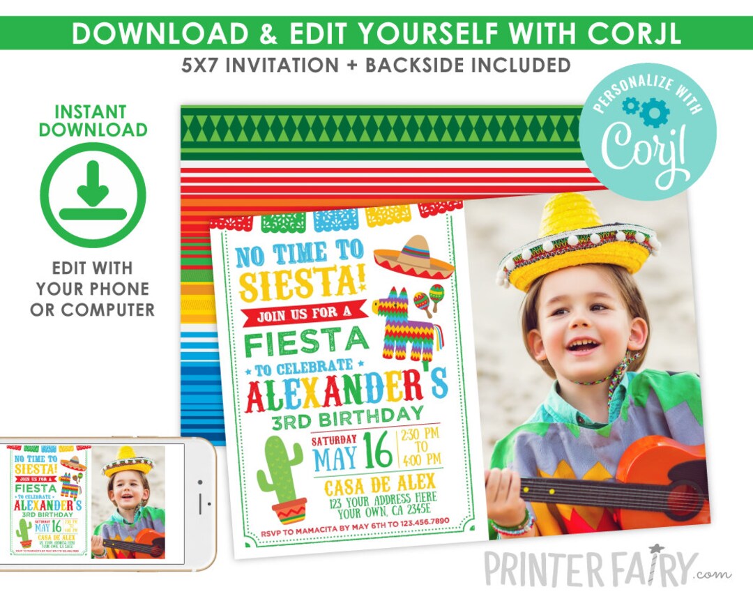 EDITABLE Fiesta Invitation With Photo, Fiesta Birthday Invitation ...