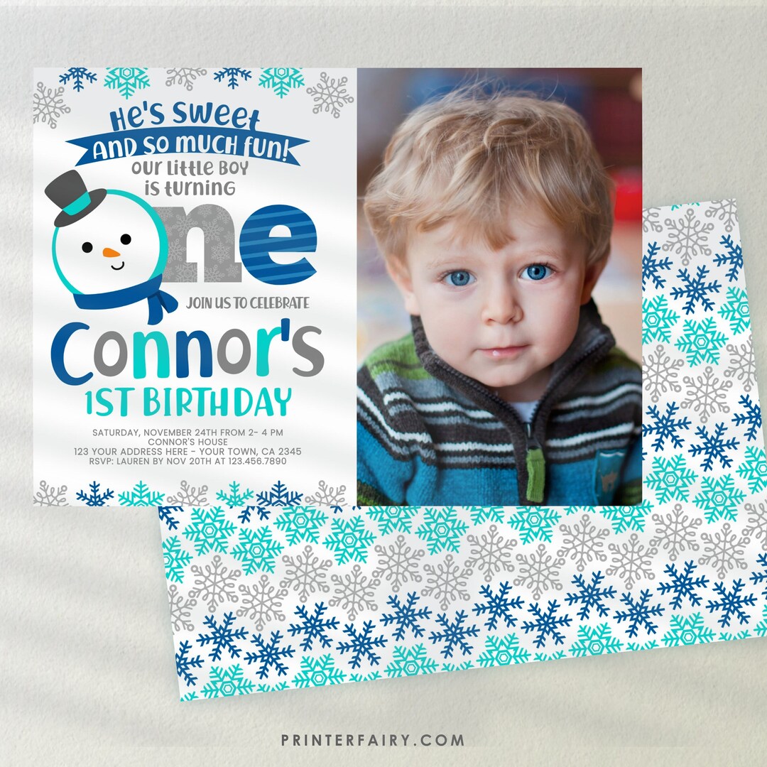 Snowflake First Birthday Invitation With Photo Winter - Etsy