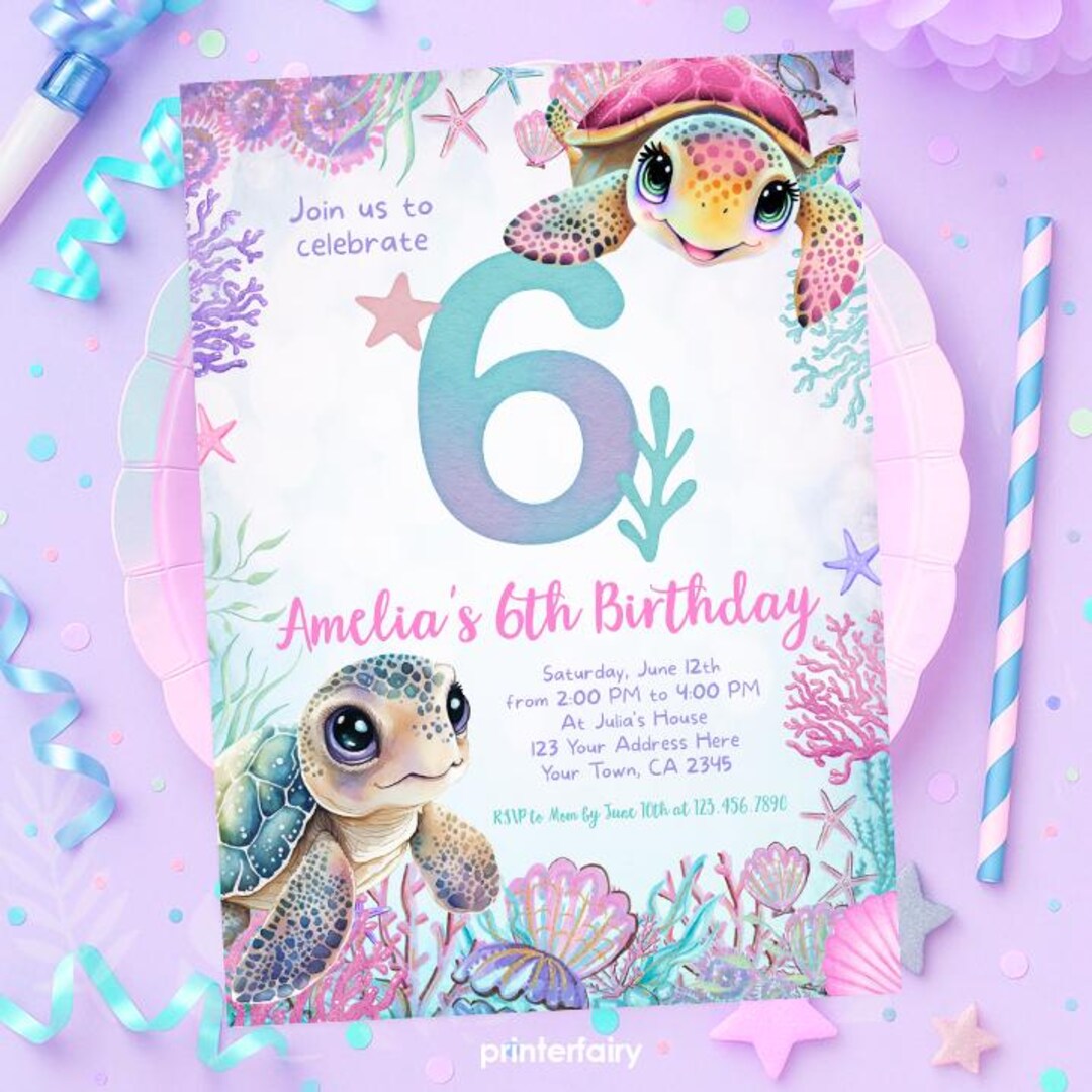 Sea Turtle 6th Birthday Invitation, Under the Sea Editable Party Invite ...