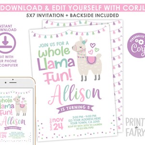 Llama Birthday Invitation, EDITABLE, Llama Birthday Party, Alpaca ...