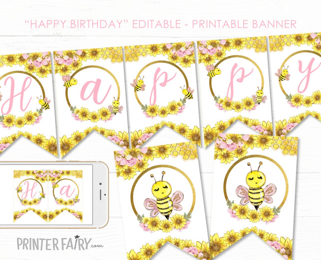 Bee Editable Printable Banner, Honey Bee Birthday, Bee Birthday Party ...