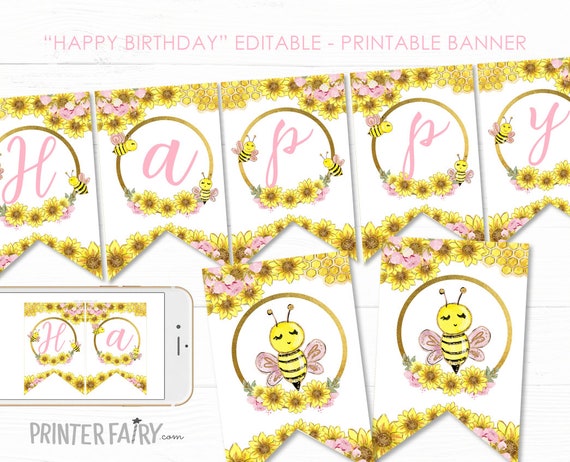Bee Editable Printable Banner, Honey Bee Birthday, Bee Birthday Party ...