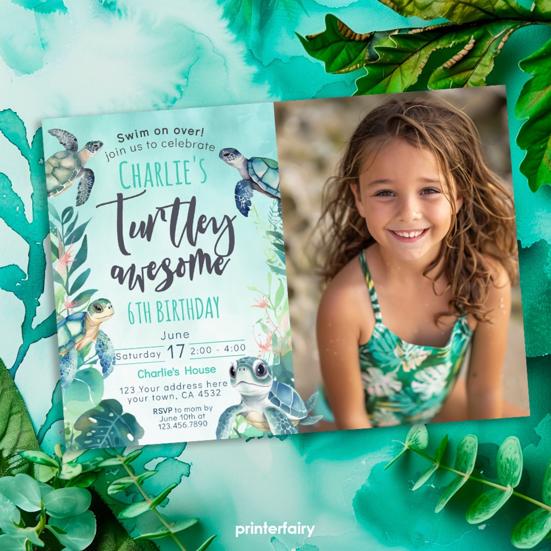 Sea Turtle Birthday Invitation With Photo, Under the Sea Editable Party ...