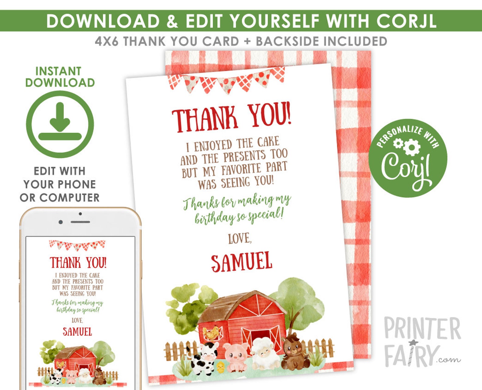 Farm Thank You Cards, EDITABLE, Farm Birthday Party, Barnyard Birthday ...