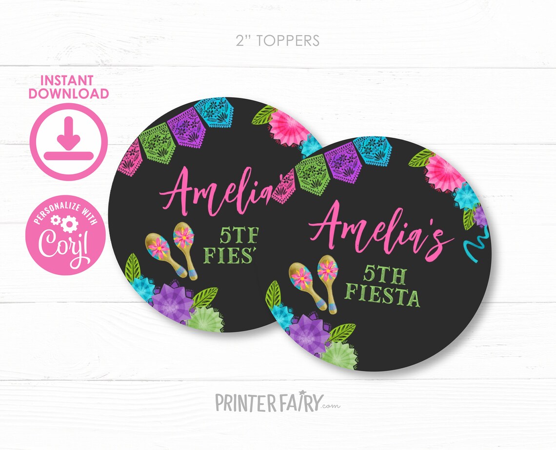 Fiesta Birthday Party Toppers, Editable Mexican Fiesta Round Stickers ...