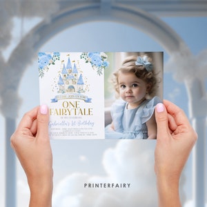 Blue Princess 1st Birthday Invitation With Photo (editable Template) - Etsy