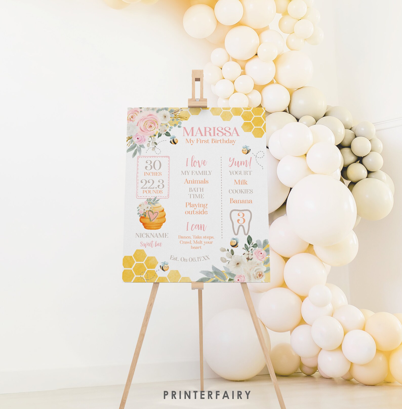 Editable Bee 1st Bee Day Milestones Board, Honeycomb Design, Sweet as ...