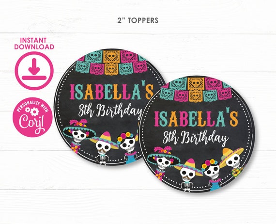 Day of the dead Toppers, EDITABLE Dia de los muertos Stickers, Dia de ...