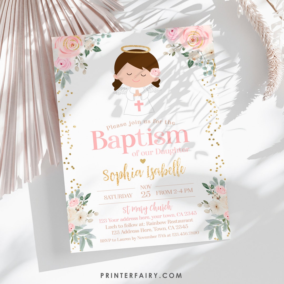 Angel Baptism Invitation, Floral, Pink and Gold, Editable Template ...