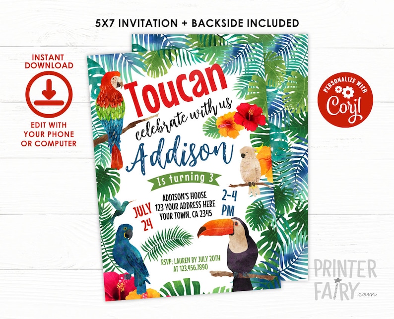 Toucan Birthday Invitation EDITABLE Tropical Birthday - Etsy