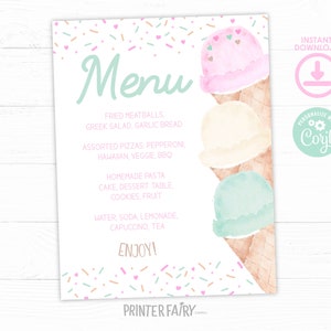 Ice Cream Party Menu Editable Template, Instant Download - Etsy