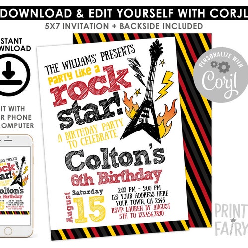 INSTANT DOWNLOAD EDITABLE Rock Star Party Invitation Rock - Etsy