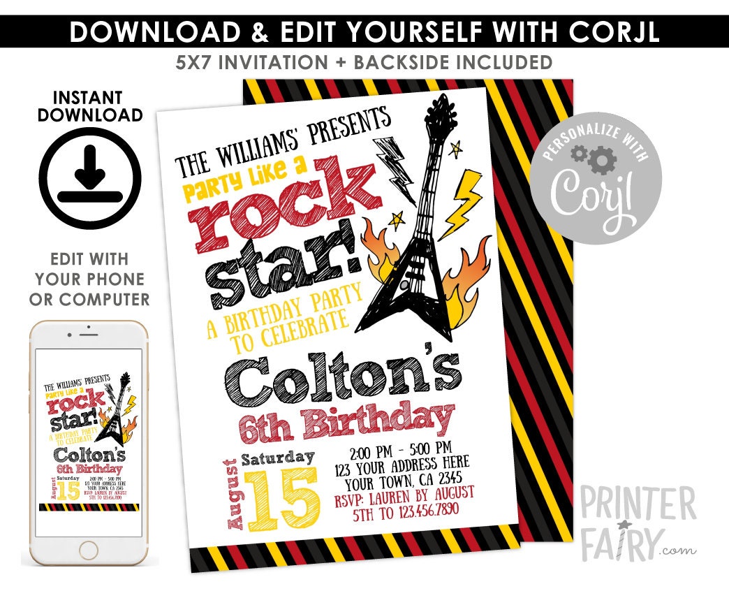 Invitación de cumpleaños de estrella de rock Invitaciones de | Etsy México