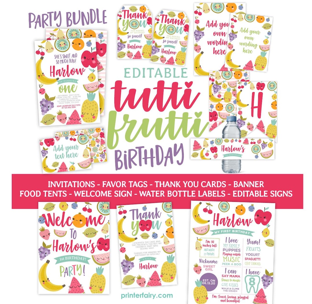 Fruit Birthday Editable Party Bundle Tutti Frutti Invitation Thank You ...