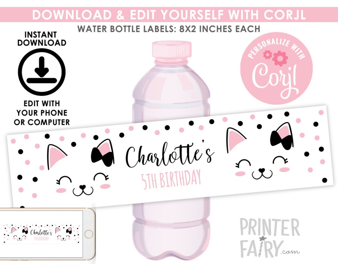 Kitty Cat Water Bottle Labels, EDITABLE, Kitty Birthday Party, Cat ...