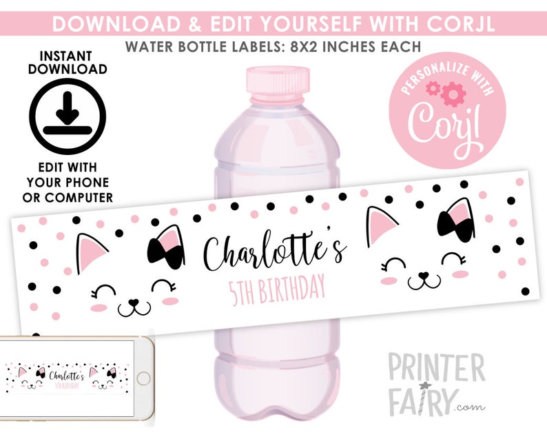 Kitty Cat Water Bottle Labels EDITABLE Kitty Birthday Party - Etsy