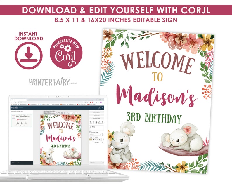 Koala Welcome Sign, EDITABLE, Koala Birthday Party, Koala Sign, Koala ...