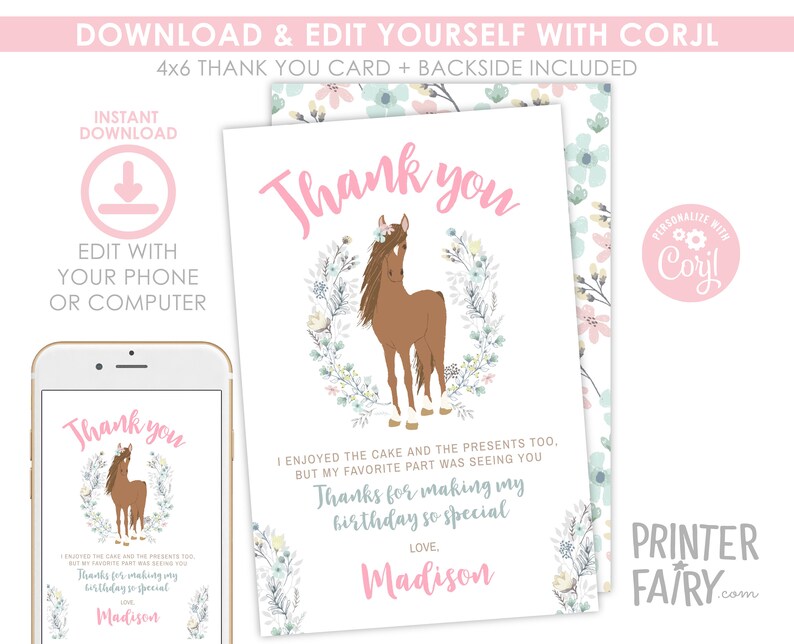 Horse Thank You Card Editable Template, Cowgirl Party Printables, Pony ...
