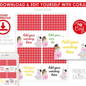 Farm Birthday Party Food Tents, Editable, Farm Animals Food Table ...