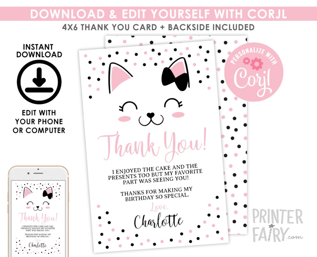 Kitty Cat Thank You Cards, EDITABLE, Kitty Birthday Party, Cat Thank ...