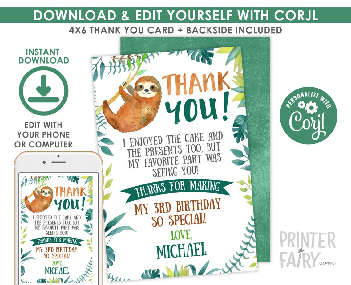 Sloth Thank You Cards EDITABLE Sloth Birthday Party Sloth - Etsy