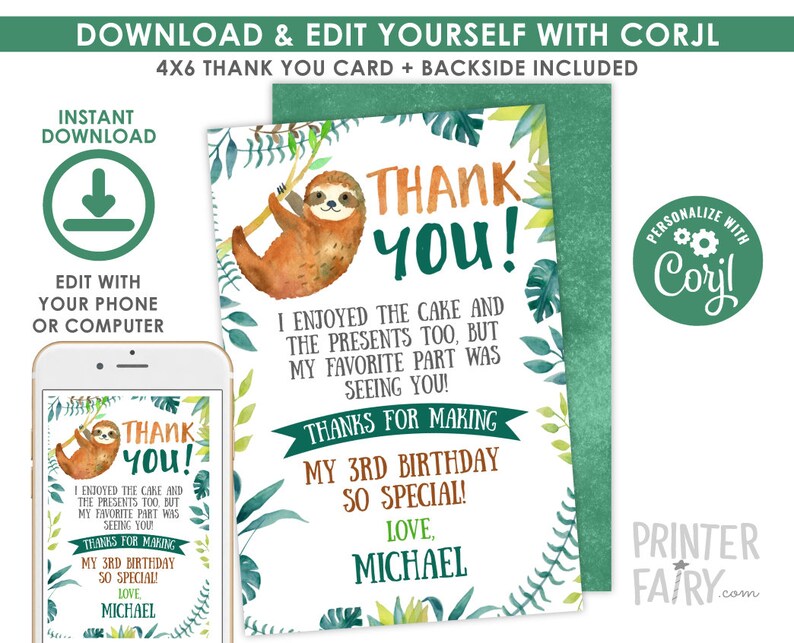 Sloth Thank You Cards EDITABLE Sloth Birthday Party Sloth - Etsy