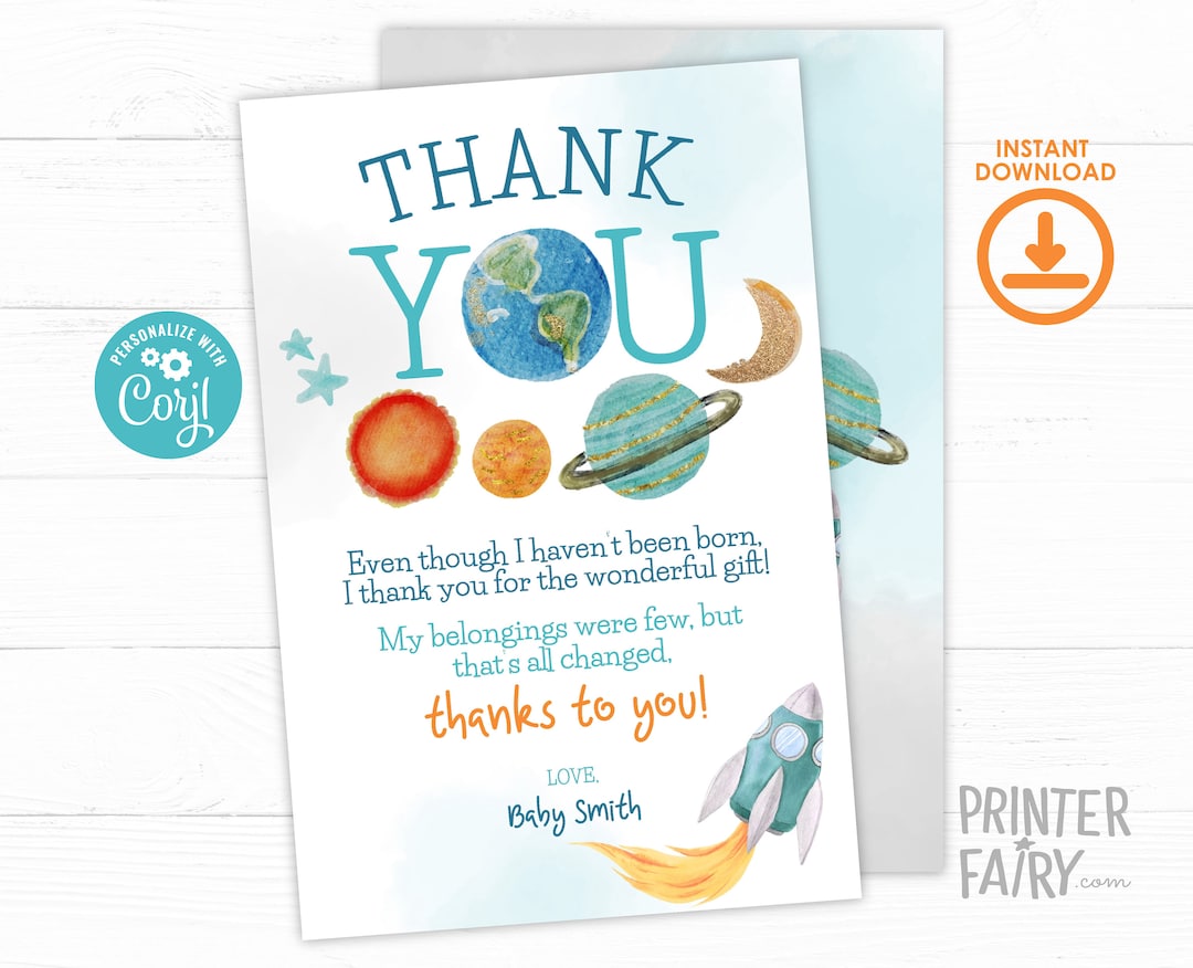 Outer Space Birthday Thank You Card, Editable Template, Planets Rocket ...