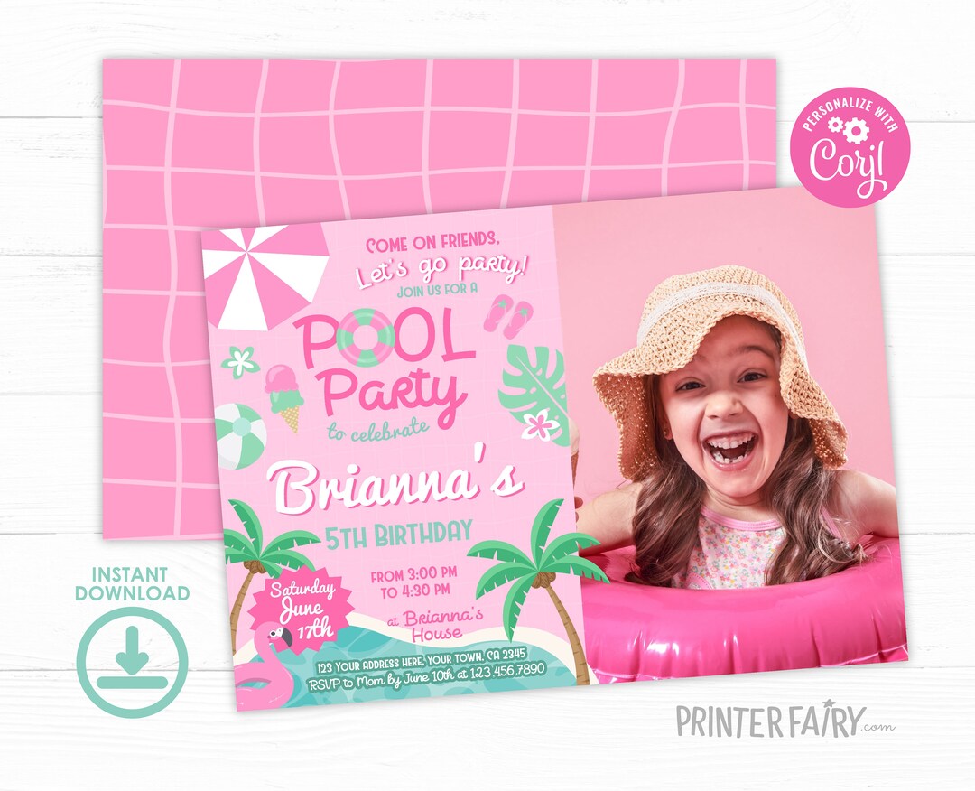 Pink Pool Party Invitation With Photo, Editable, Birthday Pool Party ...