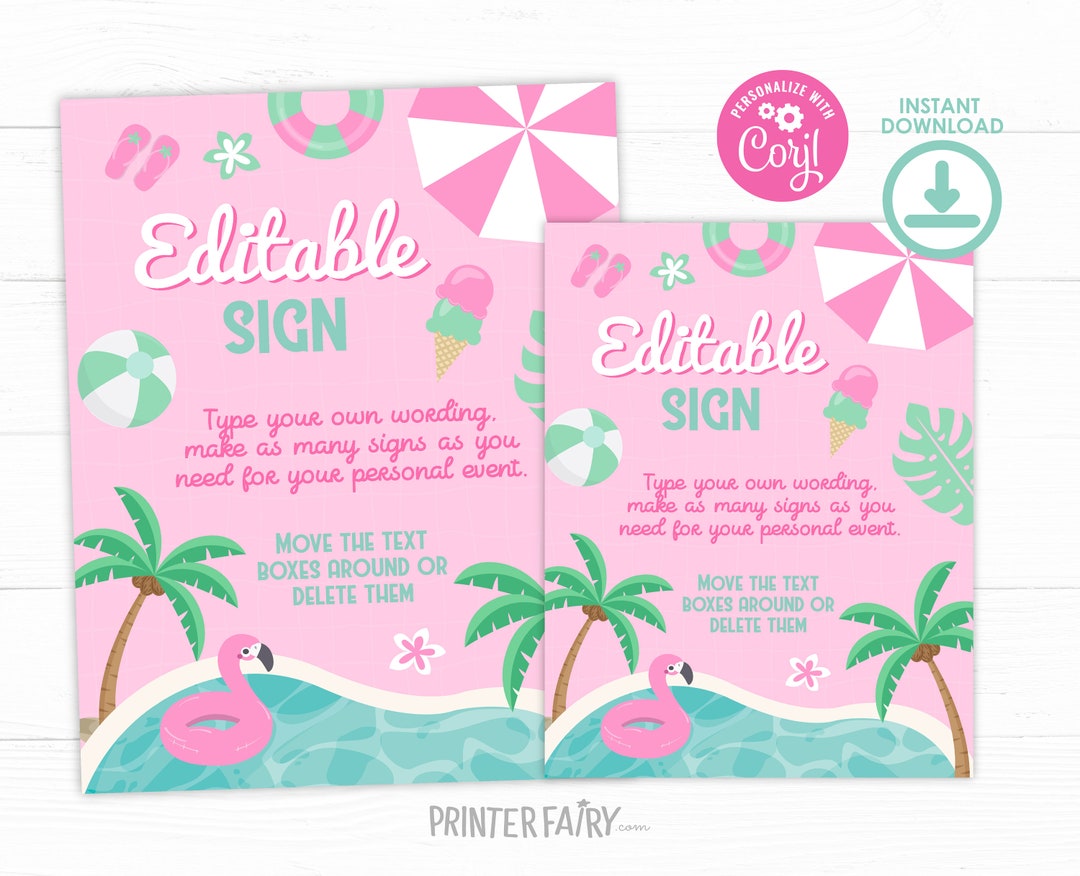 Pink Pool Party Editable Sign, Birthday Pool Party, Birthday Welcome ...