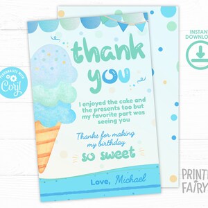 Ice Cream Birthday Thank You Card, EDITABLE, Ice Cream Party, Summer ...