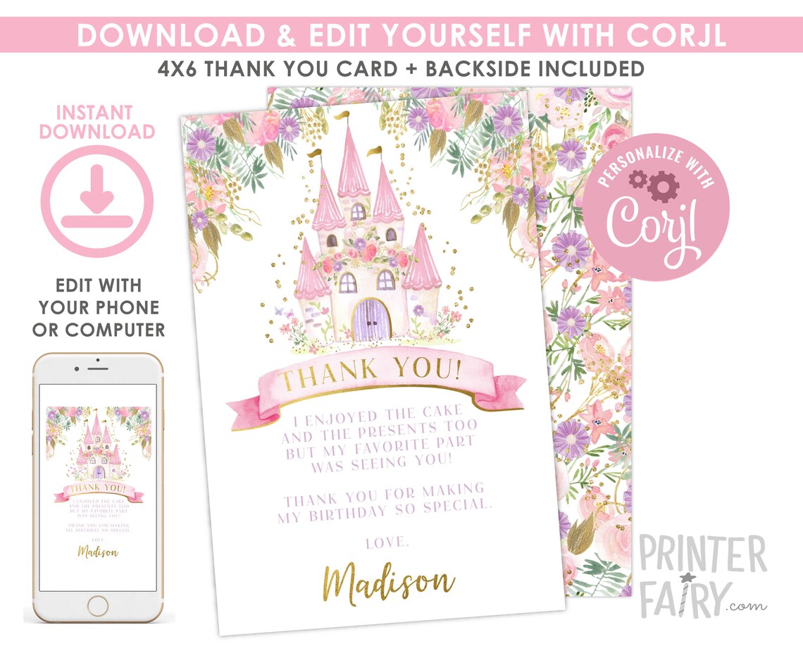 Princess Thank You Cards EDITABLE Royal Birthday Party - Etsy