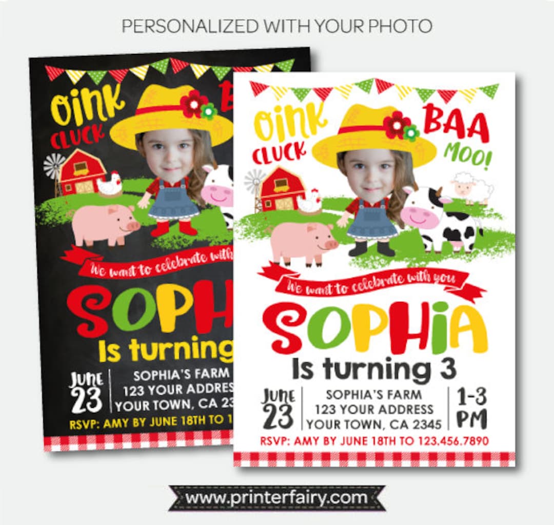 Farm Girl Birthday Invitation With Photo, Barnyard Animals (digital ...