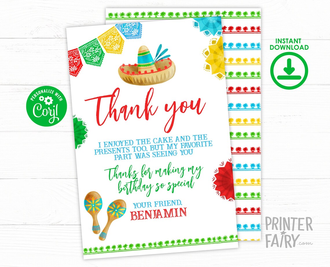 Fiesta Birthday Party Thank You Card Editable Mexican Fiesta - Etsy