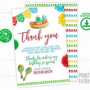 Fiesta Birthday Party Thank You Card, Editable Mexican Fiesta ...